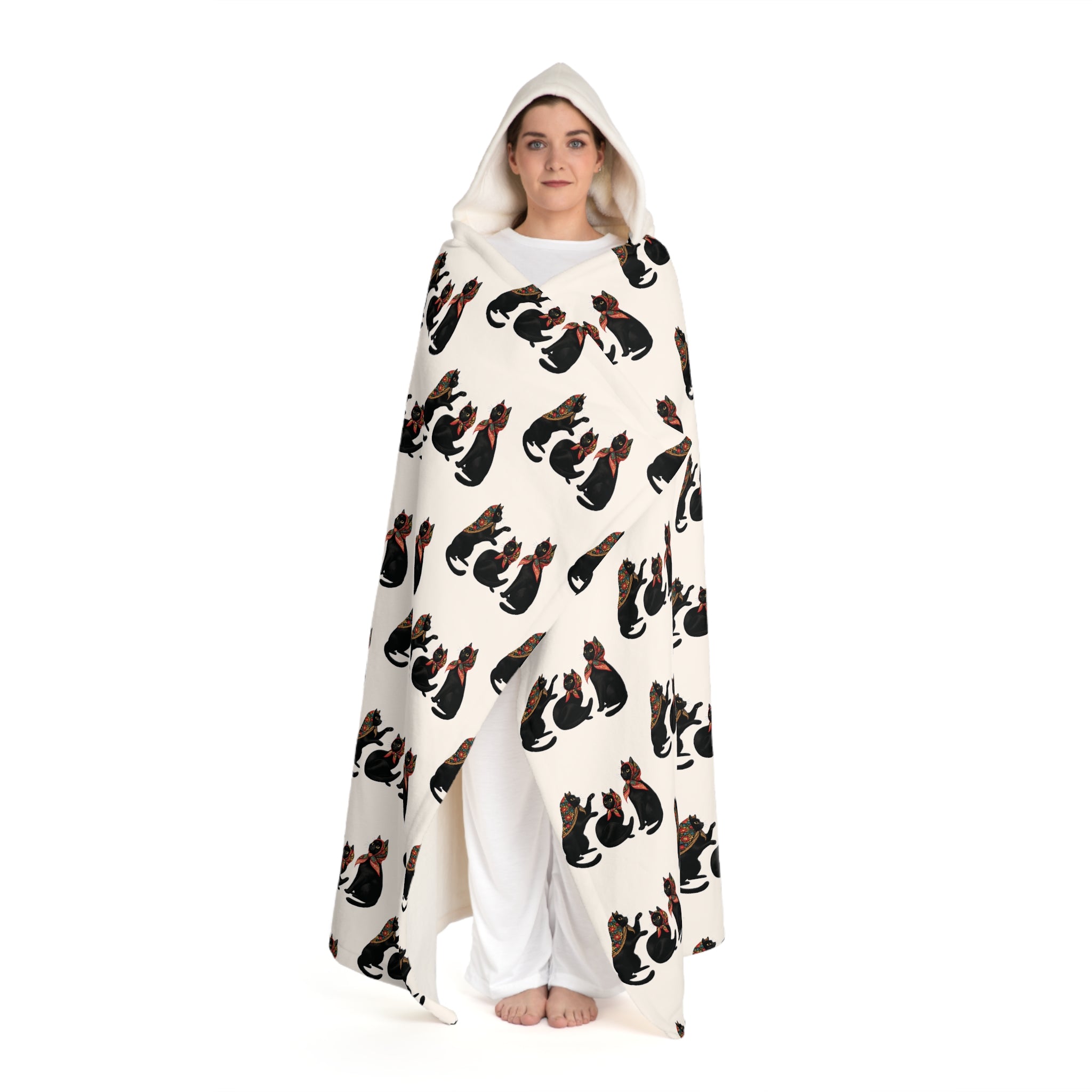 Cozy Cottage Babushka Black Cats Playing, Colorful, Hooded Sherpa Flee ...