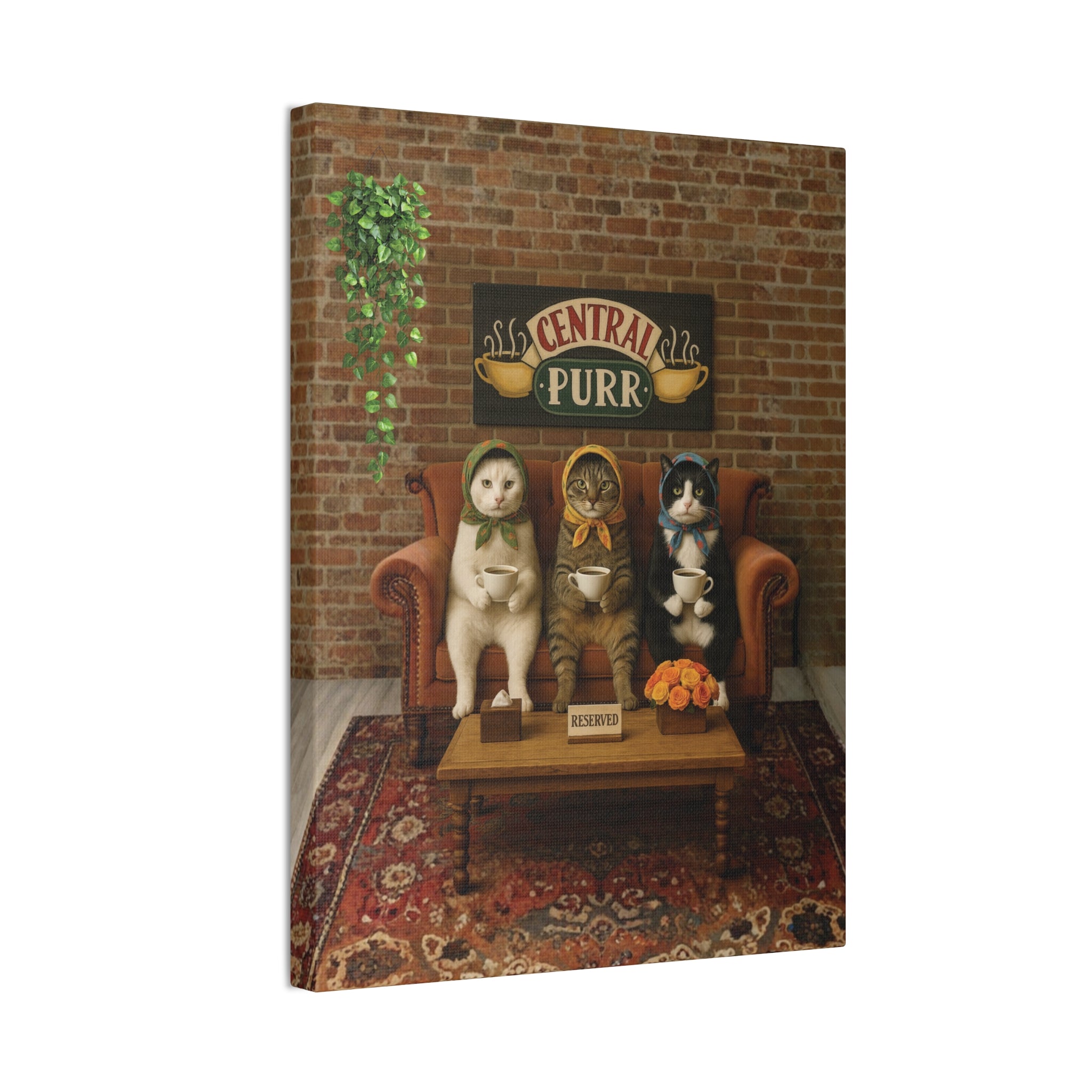 Babushka Cats Coffee with Friends Kitschy Cat Art Canvas