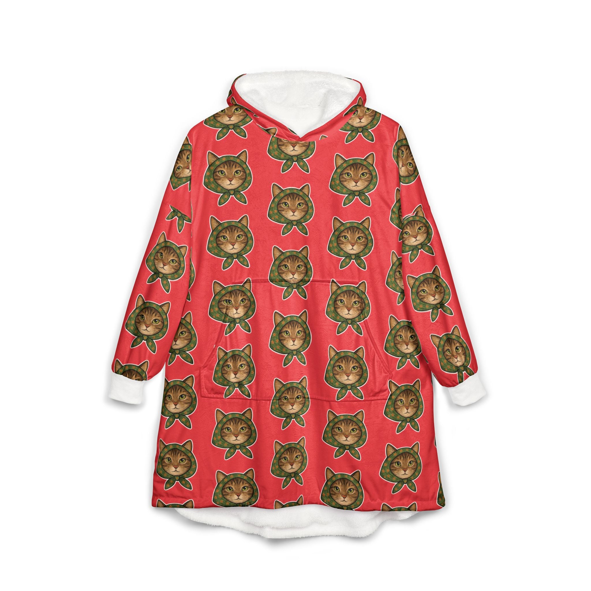 Babushka Cat Floating Head Patterned Cozy Hooded Blanket